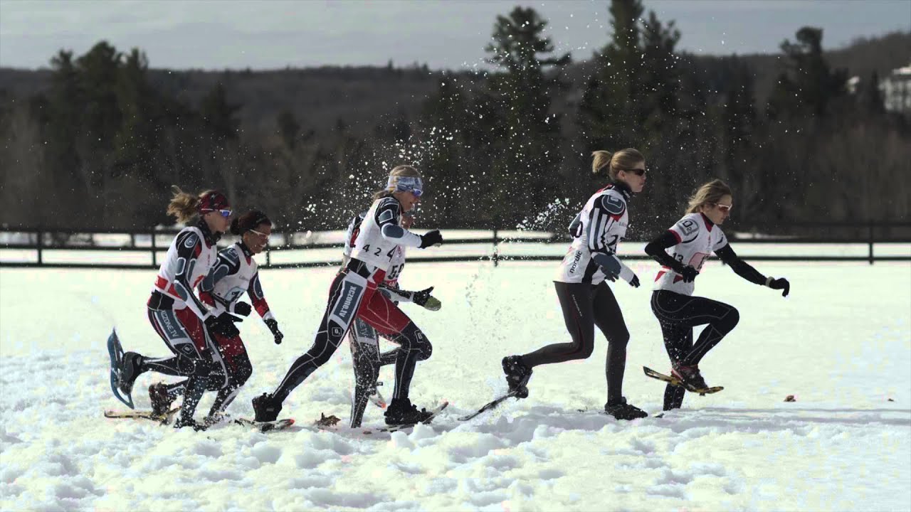Elite Female Athletes snowshoe racing at farm - YouTube