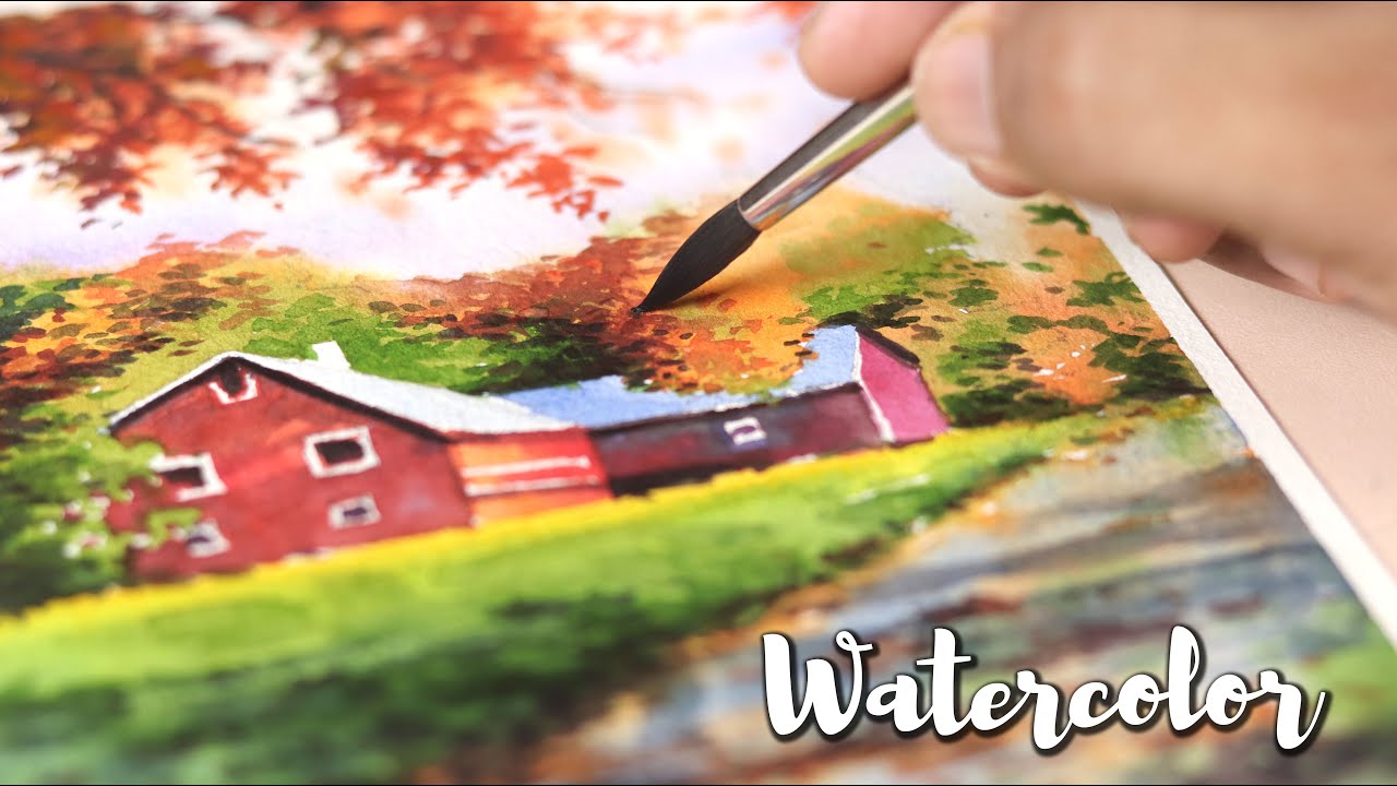 Simple Watercolor painting of Autumn Season landscape Scenery Step by ...