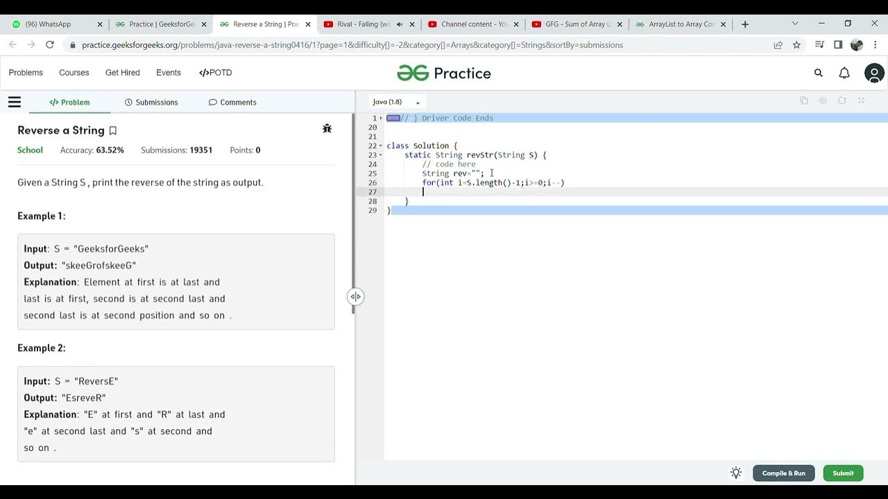 GFG - Reverse a String using java - YouTube