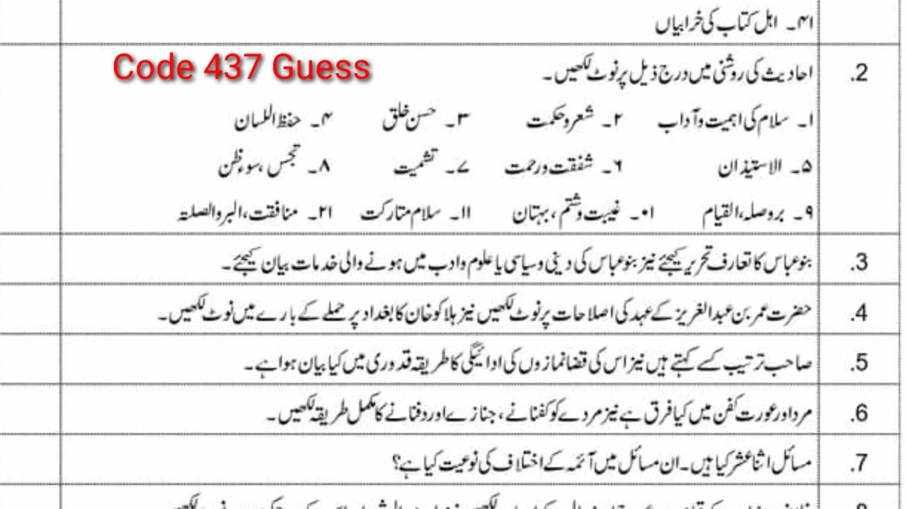 Guess paper 437 Islamiyat Elective BA Aiou spring 2022 | Important question of code 437 Aiou BA ...