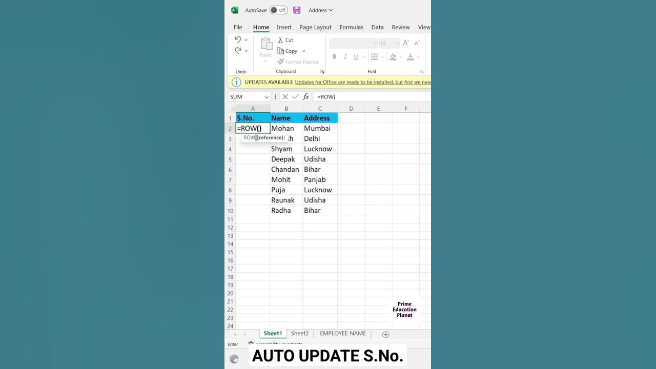Auto Update Serial Number In Excel Worksheet Excel Youtube