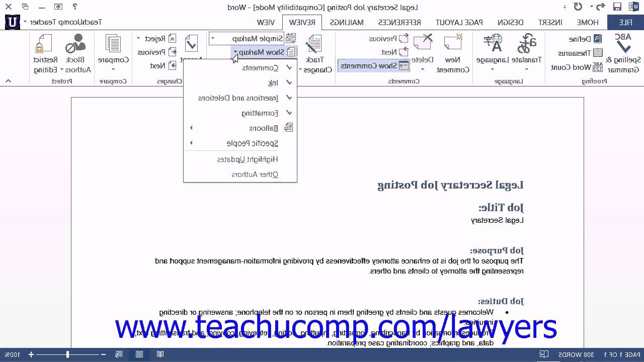 Microsoft Word 2013 Training for Lawyers: Show Markup Options, Tutorial ...