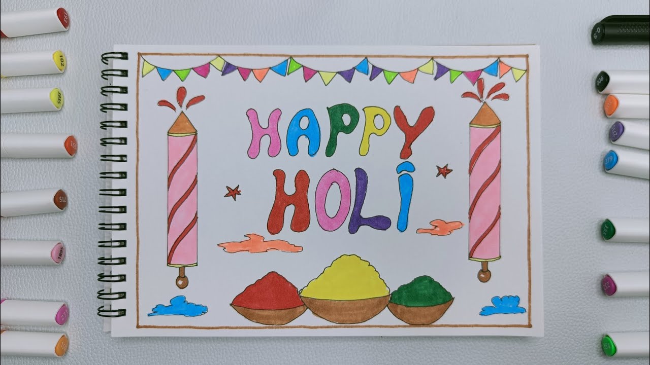 Holi greeting card Easy Drawing For Beginners || Happy Holi Drawing ...