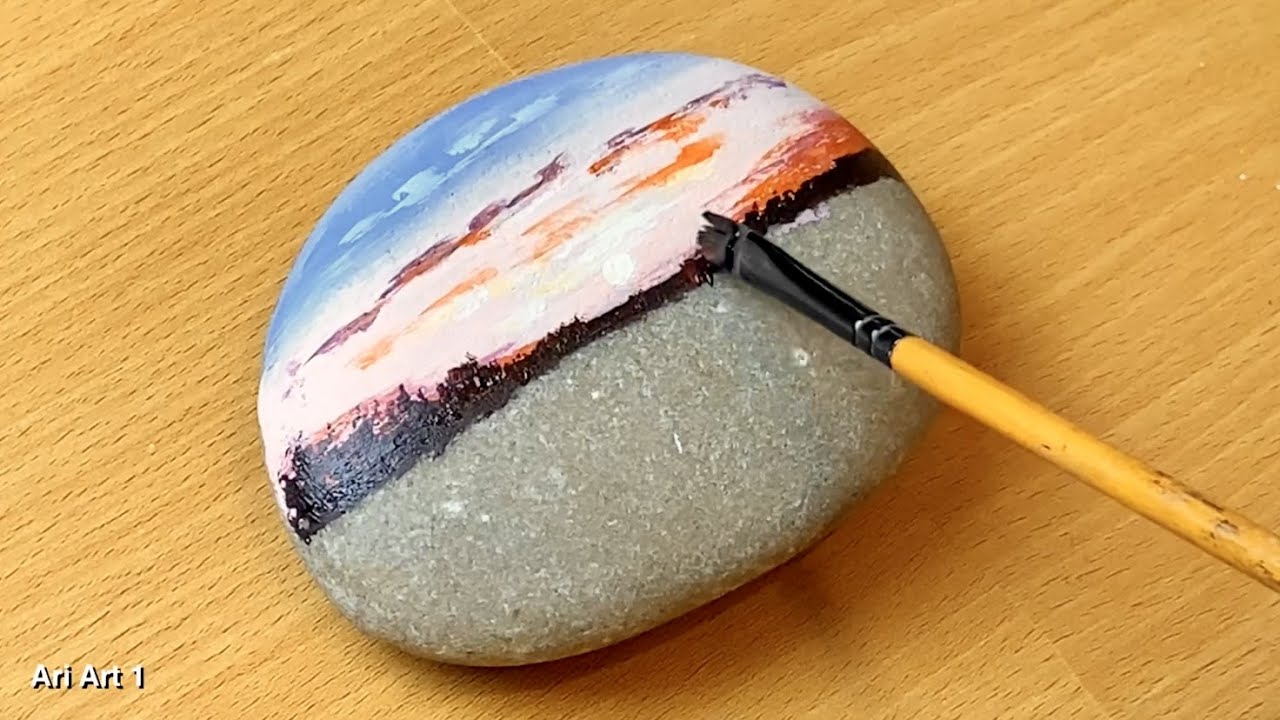 How to Painting on Stone / Sunset Acrylic Painting Step by Step ...