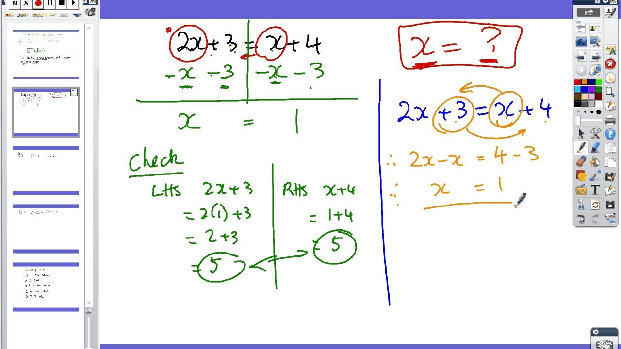 Linear Equations 4- pronumerals on both sides - YouTube