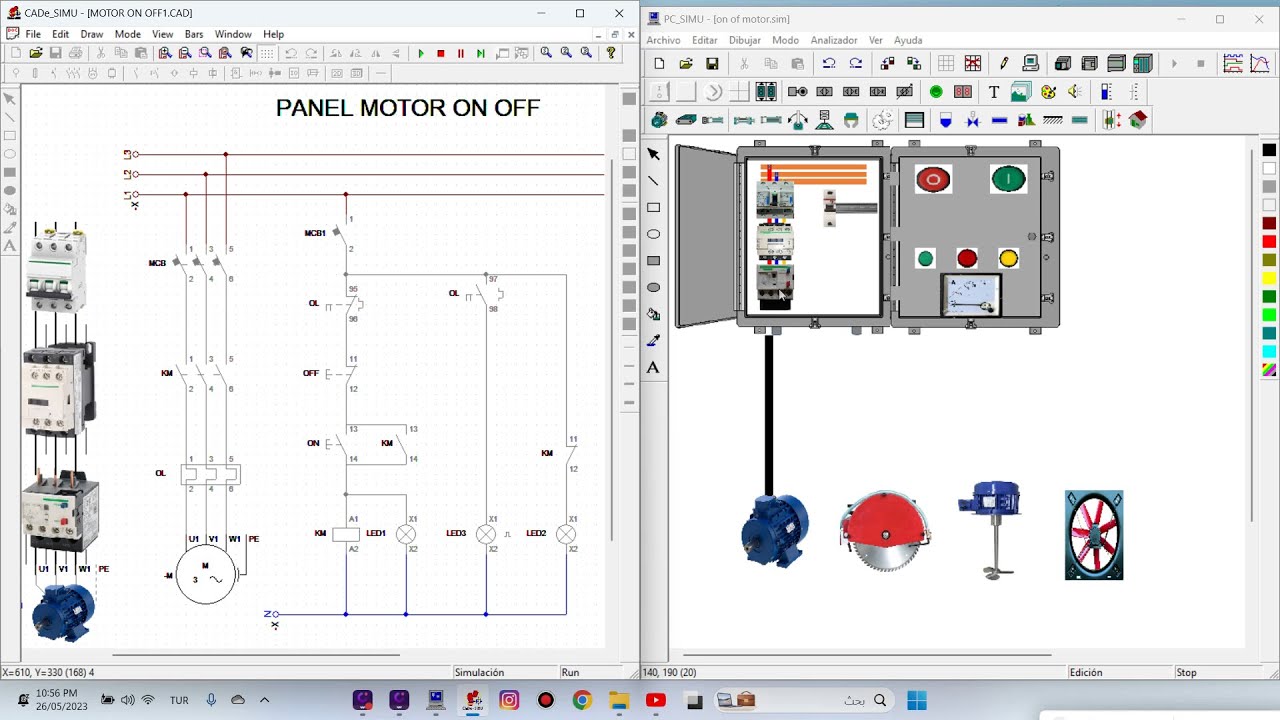 دارة تشغيل محرك ثلاثي الطور عن طريق برنامج #CAD-SIMU# - YouTube