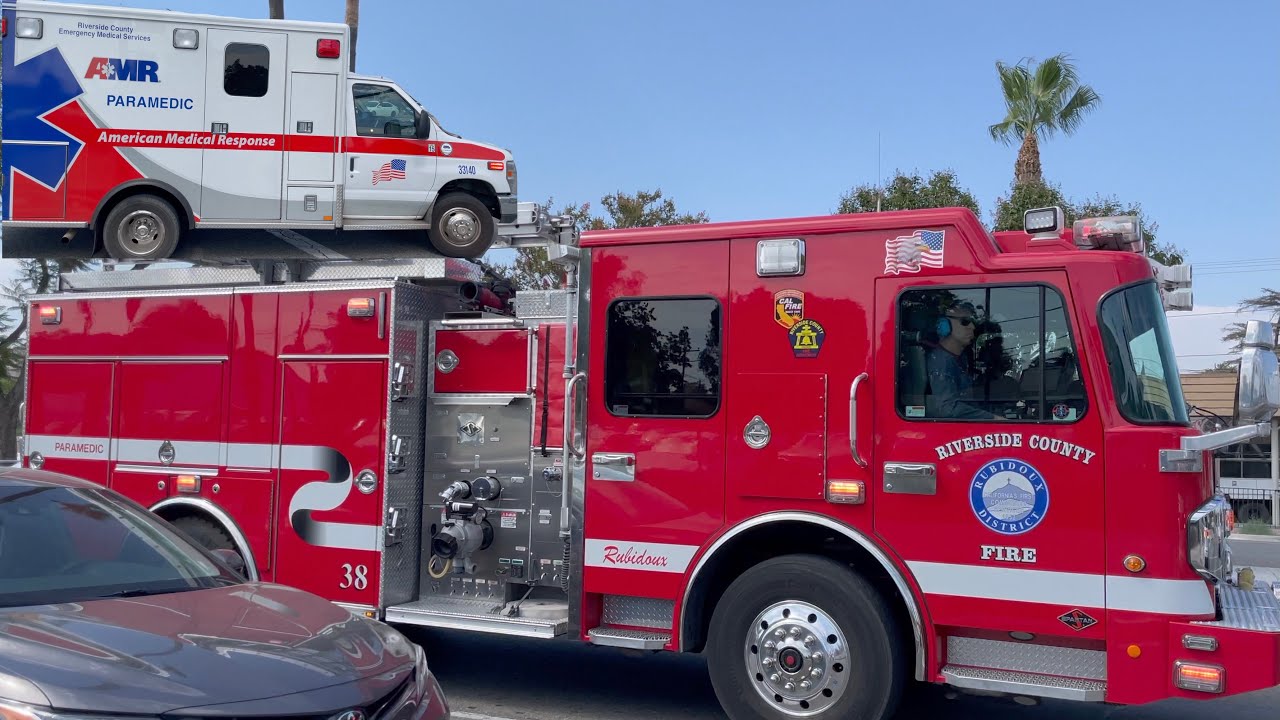 Riverside Co. Fire Dept. Engine 38 & AMR Responding Code 3 - YouTube