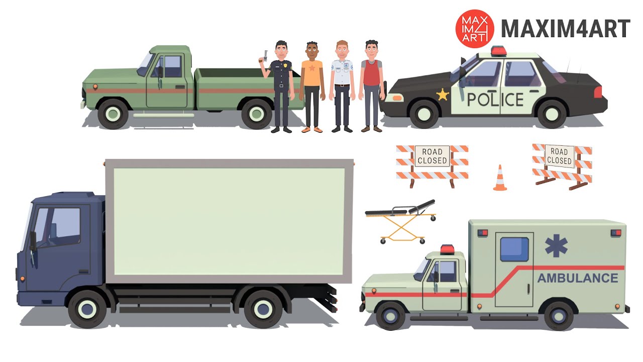 Cars and Drivers. Police car, ambulance, pickup truck, truck and 4 ...