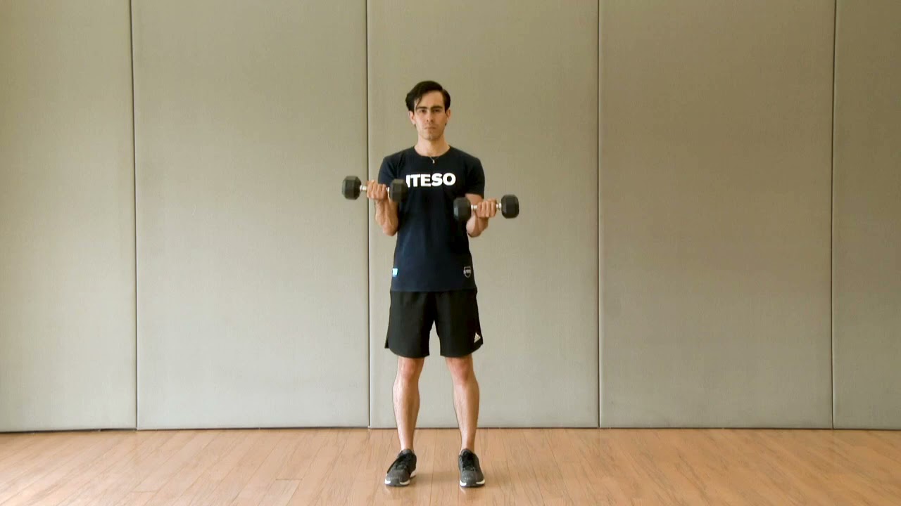 Flexión de codo (Isométrico /unilateral) en posición de pie | Accesorio: mancuernas - YouTube