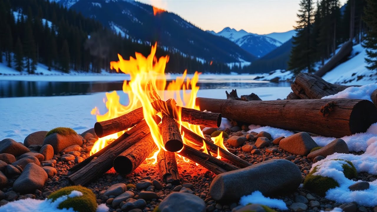 Peaceful Winter Campfire by the Lake - Enjoy Relaxing Fire and Waves ...