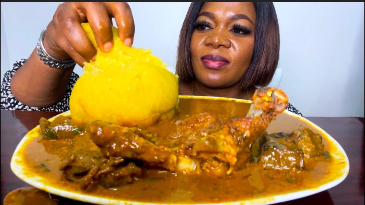 ASMR VIllage Ogbono Soup and yellow Fufu Mukbang #food #foodie - YouTube