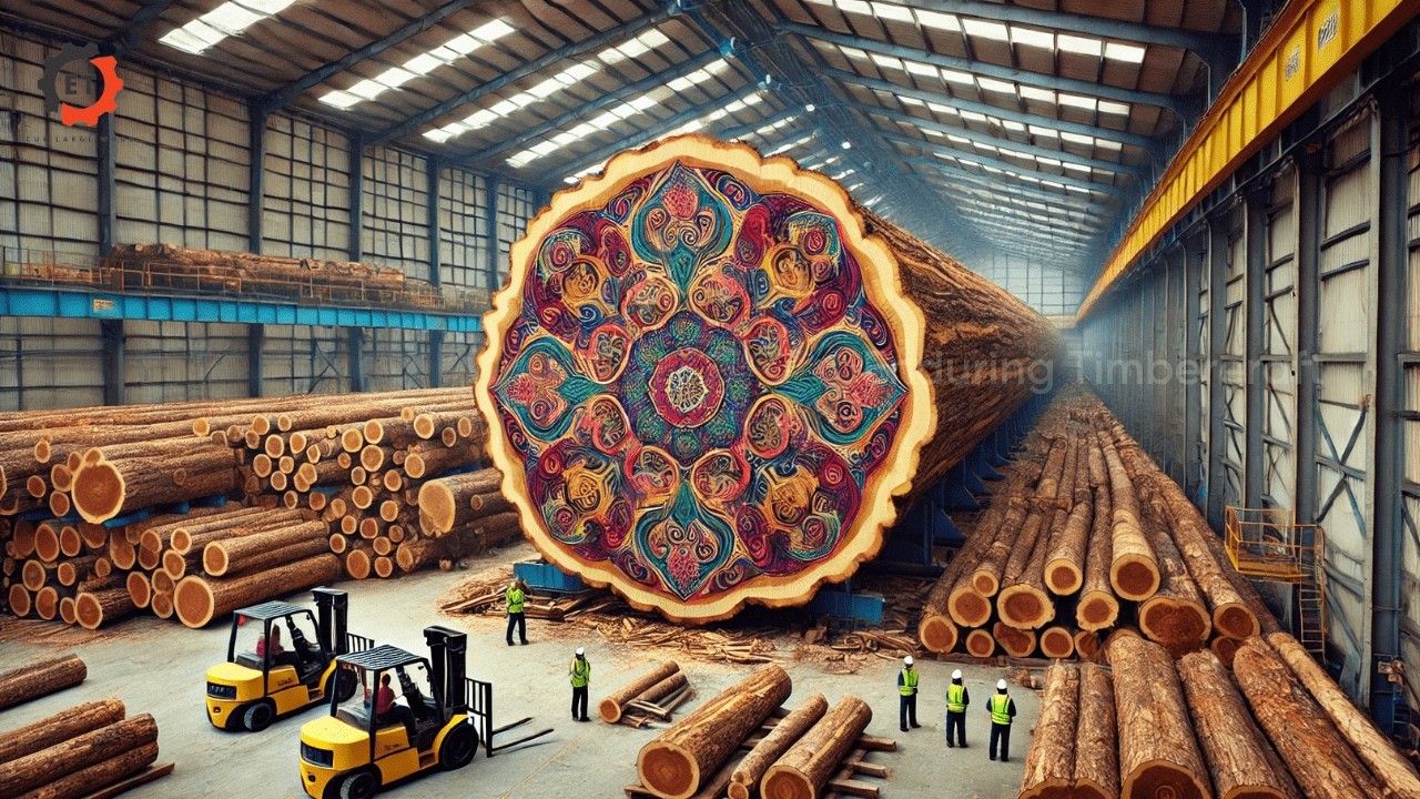 Workers Operate A Giant Wood Sawing Machine Operating At Full Capacity ...