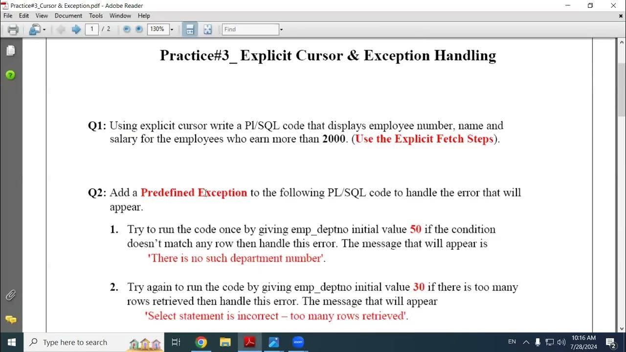 Lab#3_ Explicit Cursor & Exception Handling - YouTube