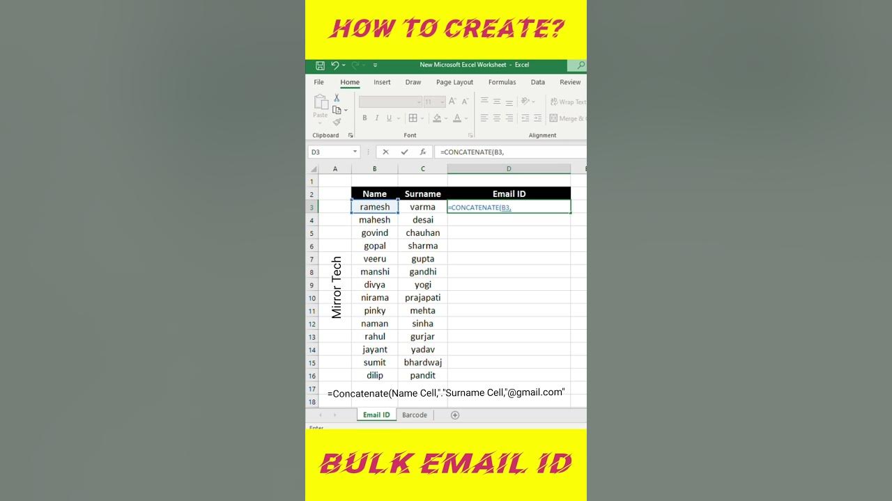 How to Create Bulk E-Mail IDs in Excel || Use of Concatenate Formula || Smart Work || Mirror ...