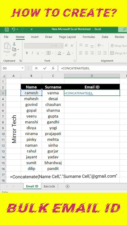How to Create Bulk E-Mail IDs in Excel || Use of Concatenate Formula || Smart Work || Mirror ...
