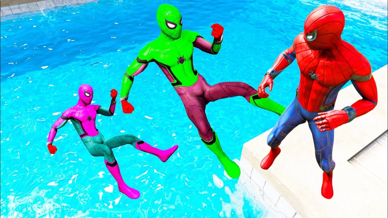 SUPERHEROES Team Jumping into Pool in GTA 5! (Spiderman Fails & Ragdolls) #2 - YouTube