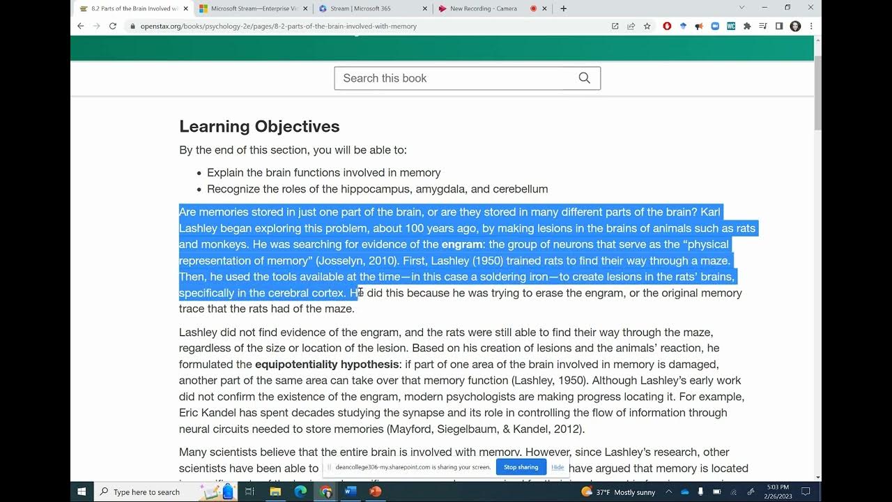 8.2 Parts of the Brain Involved with Memory Part 1 Karl Lashley Engrams ...
