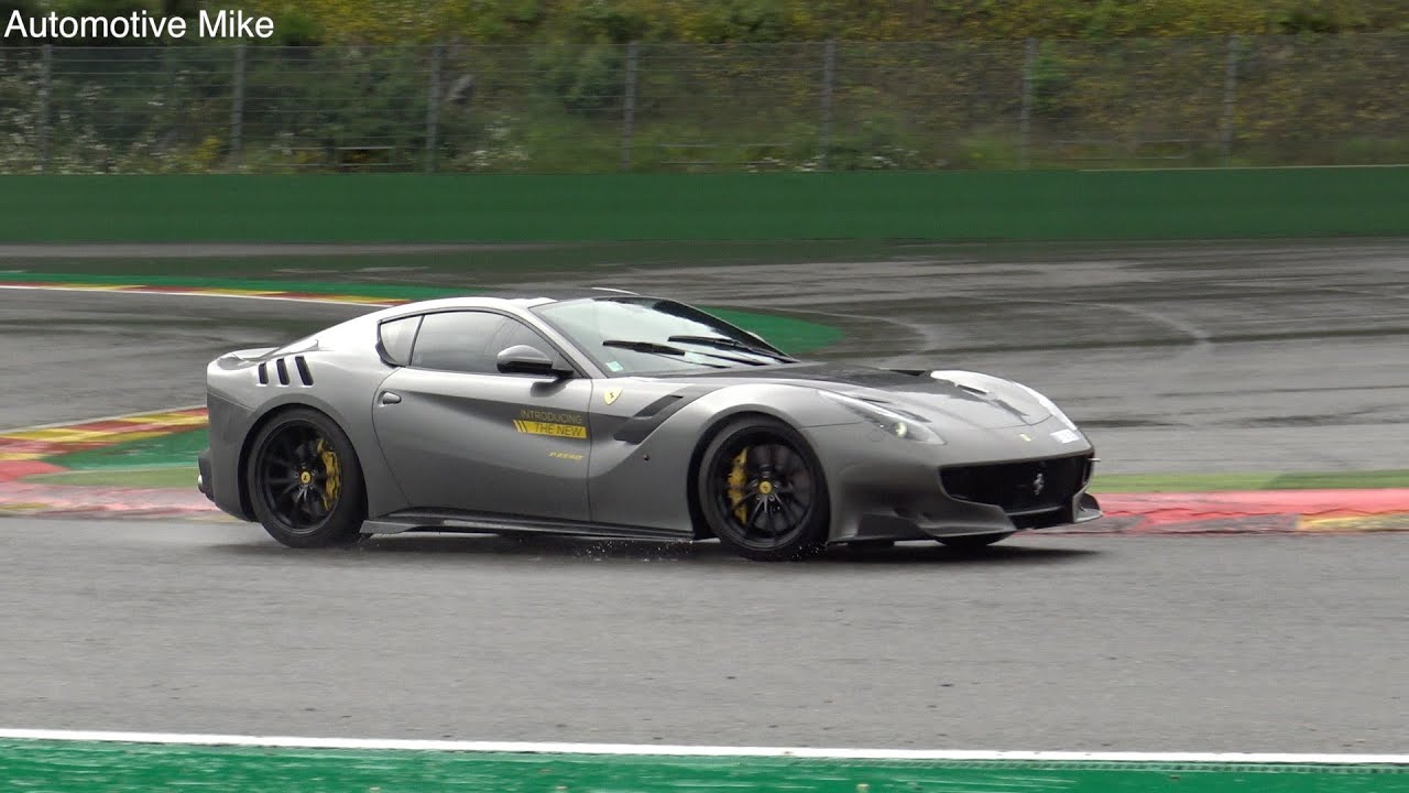 Grey Ferrari F12TDF start-up & drive on WET circuit - YouTube