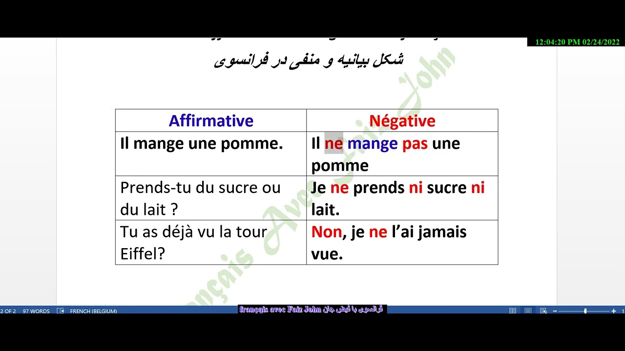 forme affirmative et négative en français33 شکل بیانیه و منفی در ...
