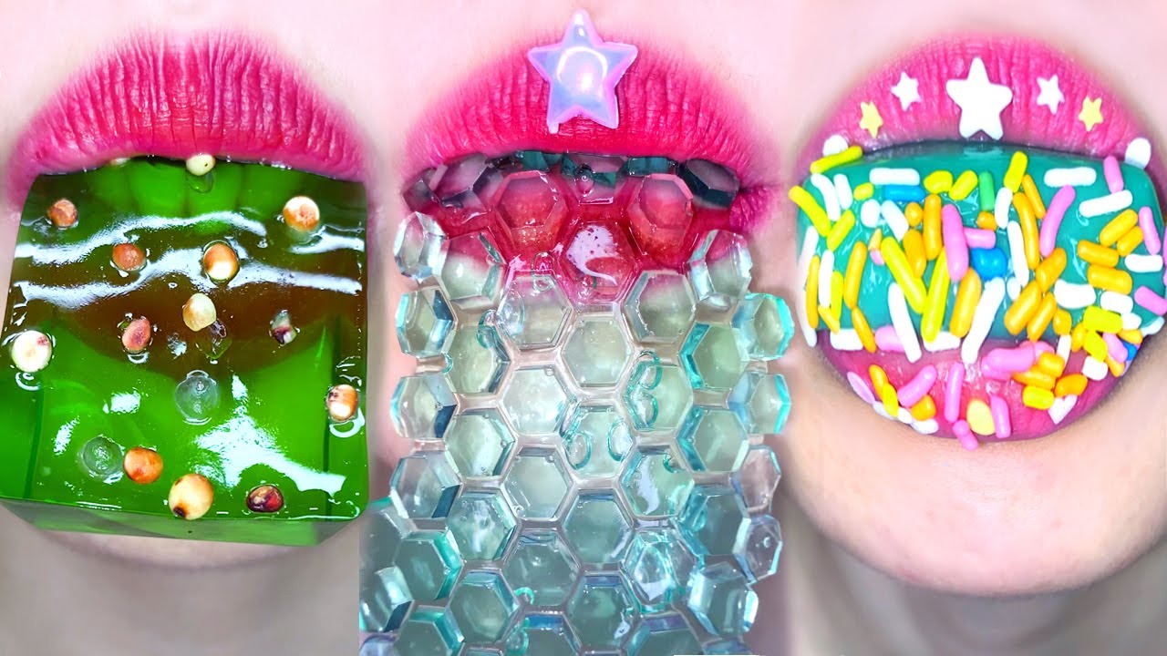 Asmr Green Pudding Jelly Honey Sheet Jelly Lemon Sprinkle Gummy Eating