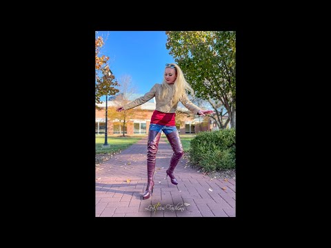 MRS PENNSYLVANIA WORLD EMILY KENNISTON DANCES AND STYLES LEATHER THIGH BOOTS AND JACKET WITH JEANS