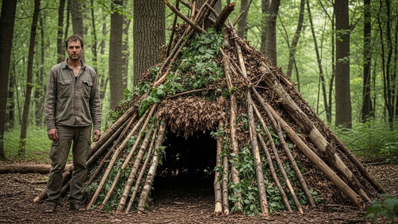 Solo Bushcraft: Building a Forest Shelter Between Trees - YouTube