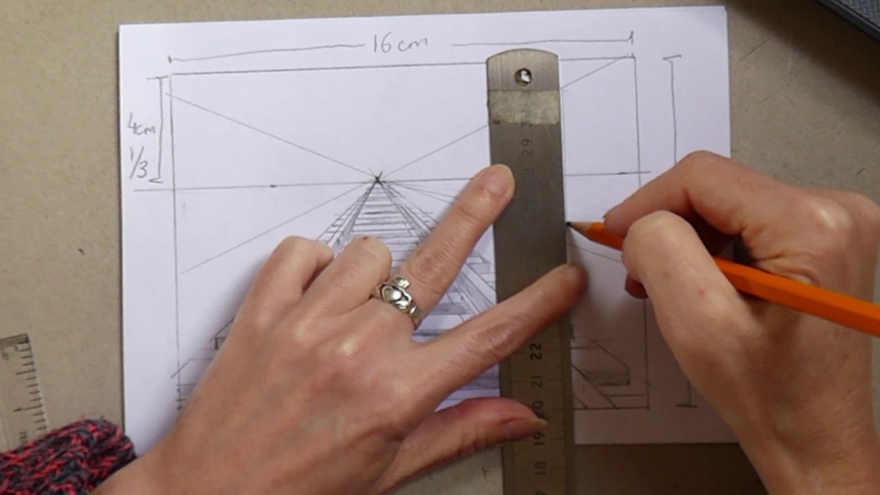 Drawing railroad lines using one point perspective - YouTube