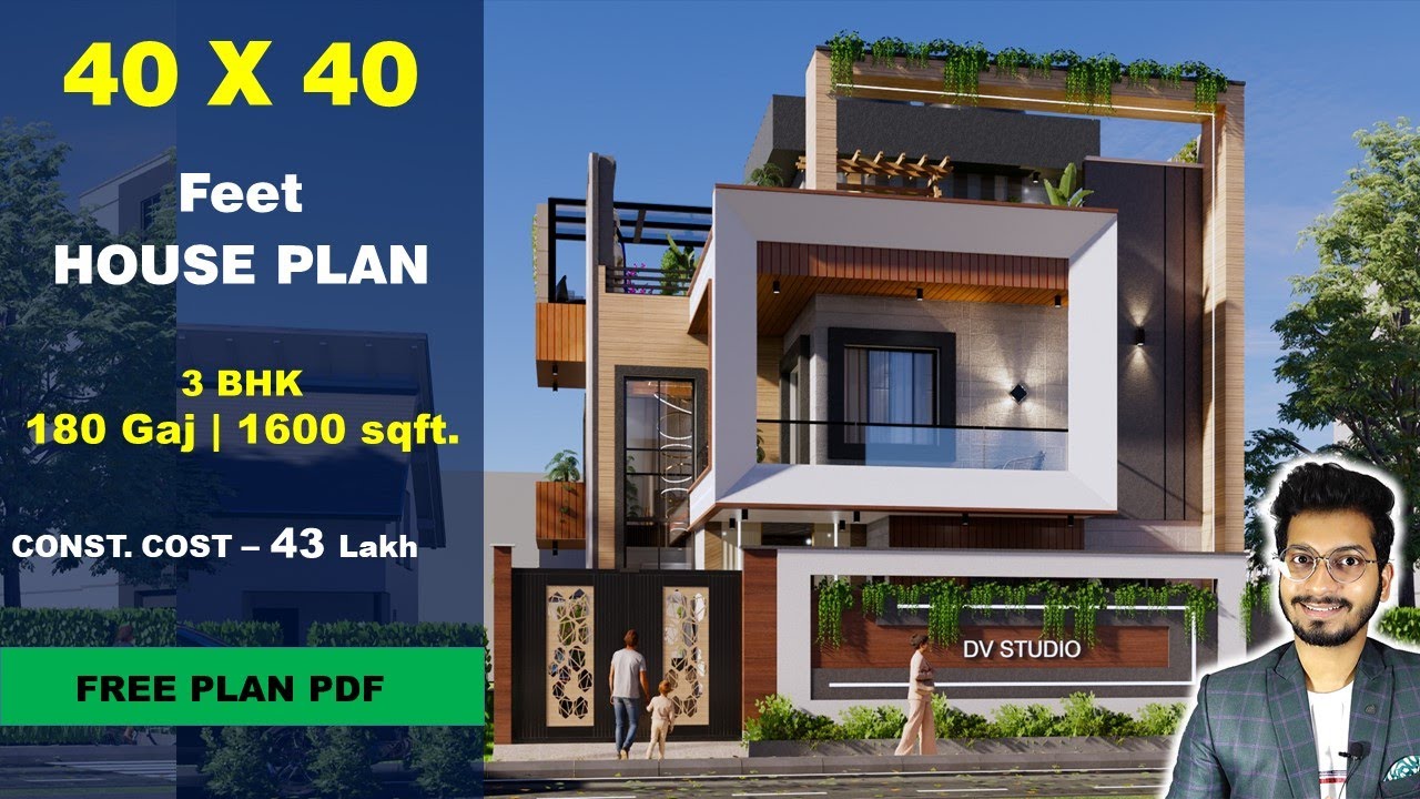 40x40 | 3 BHK House plan | 180 Gaj | 1600 sqft | 40*40 house plan 3d ...