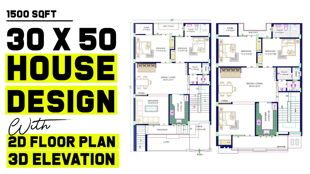 30 by 50 House Design | 1500 SQFT Floor Plan With basement | 30x50 | 30 ...