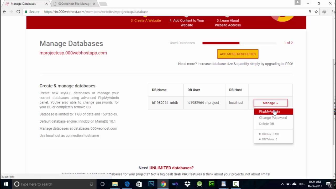 How to create database and table in 000webhost.com - YouTube