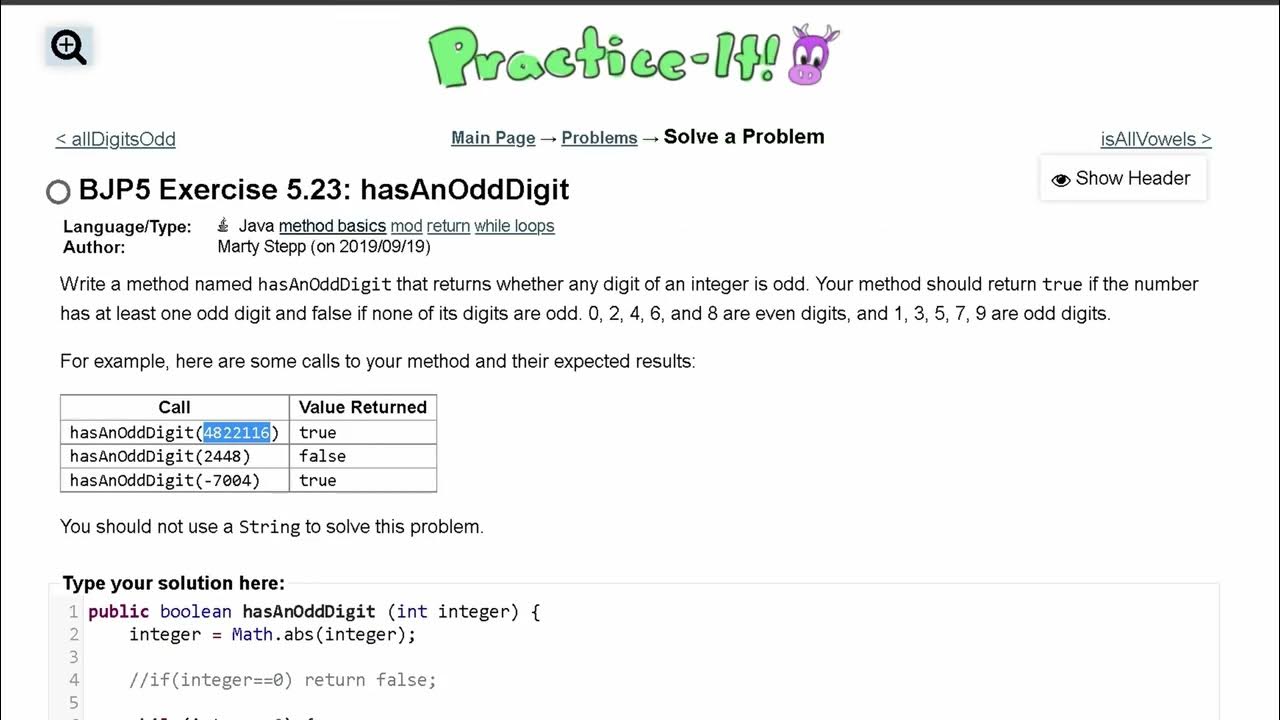 Java Practice It | Exercise 5.23: hasAnOddDigit | if, else, Boolean logic, method basics, return ...
