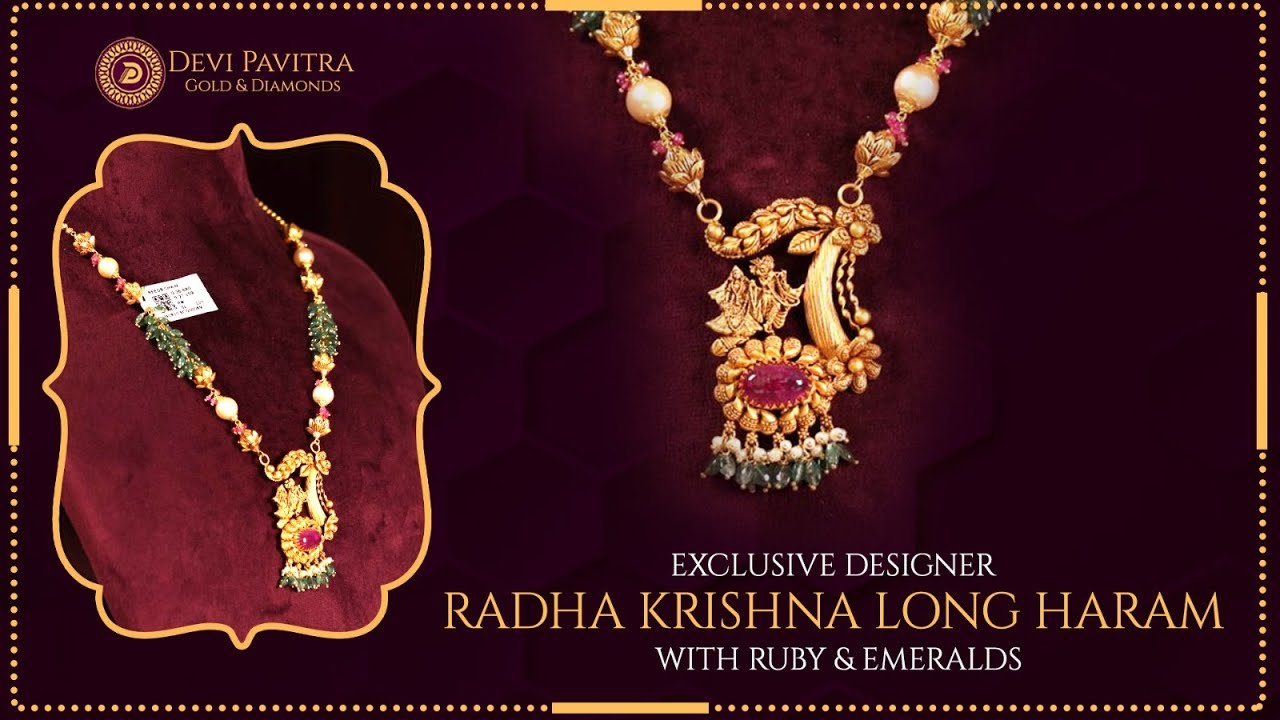 Radha Krishna Nakshi Long Haram With Ruby Emerald beads and Pearls II Devi Pavitra Gold ...