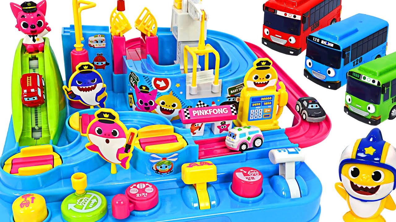 핑크퐁 경찰차 구급차 소방차 출발~ 아기상어 레일 주차장 놀이 핑키팝토이 Youtube