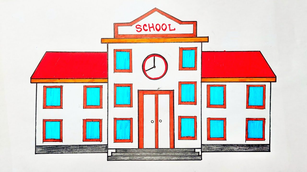 How to draw a scenery school | Very easy Drawing a school for beginners ...