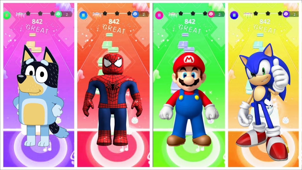 Tiles Hop Battle Spider Man vs Bluey vs Mario vs Sonic! 🔥🎶 #7 - YouTube