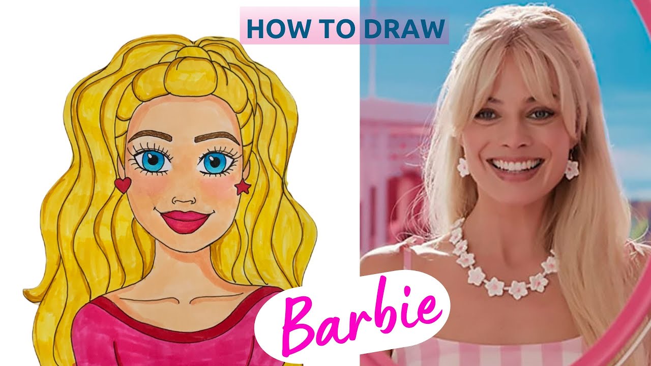 How to draw Barbie, Margot Robbie drawing, Step by step cartoon Barbie ...