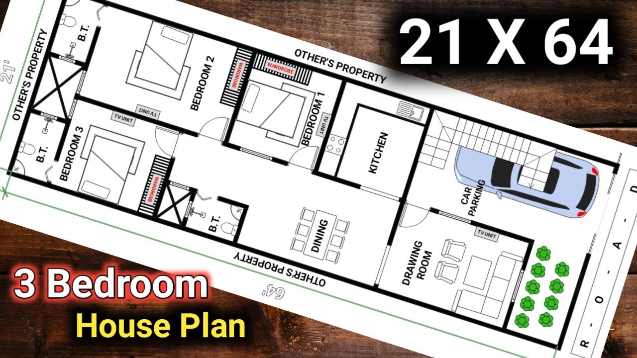 21 X 64 का House Plan | 3 Bedroom with Car parking | Drawing | Dining ...