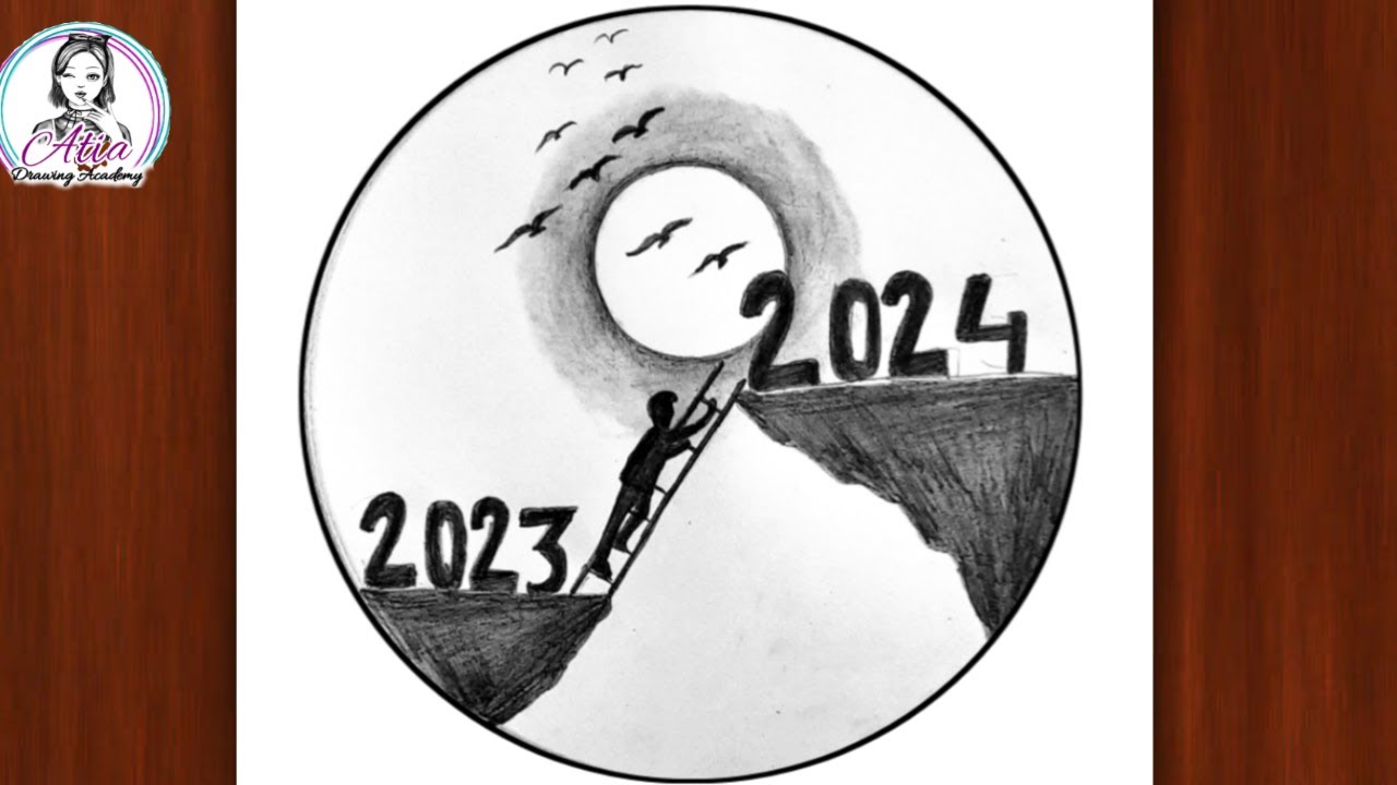 Happy New Year Drawing 2024 | New Year Drawing Easy | Pencil Sketch for ...