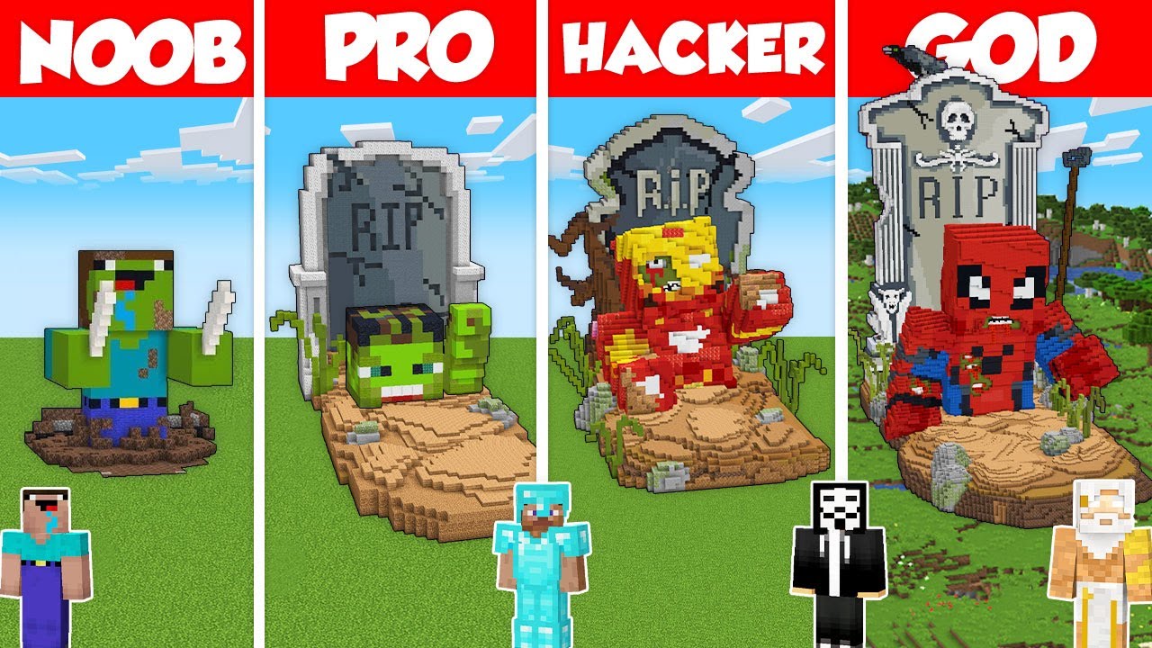 SUPERHERO GRAVE STATUE BUILD CHALLENGE - Minecraft Battle: NOOB vs PRO vs HACKER vs GOD ...