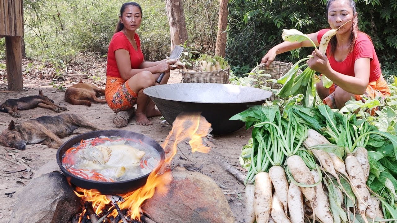 Survival cooking in forest - Chicken soup spicy delicious with Radishes ...