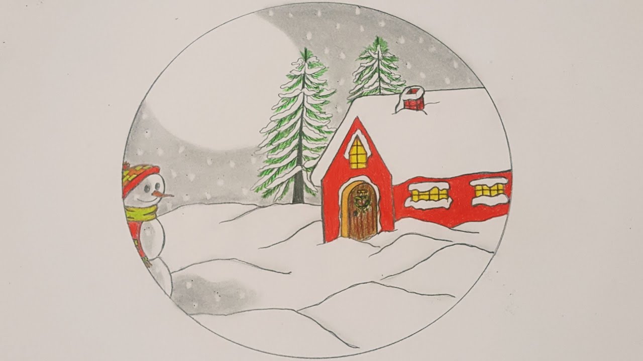 رسم فصل الشتاء منظر جميل مع الثلج How To Draw A Snow Landscape Youtube