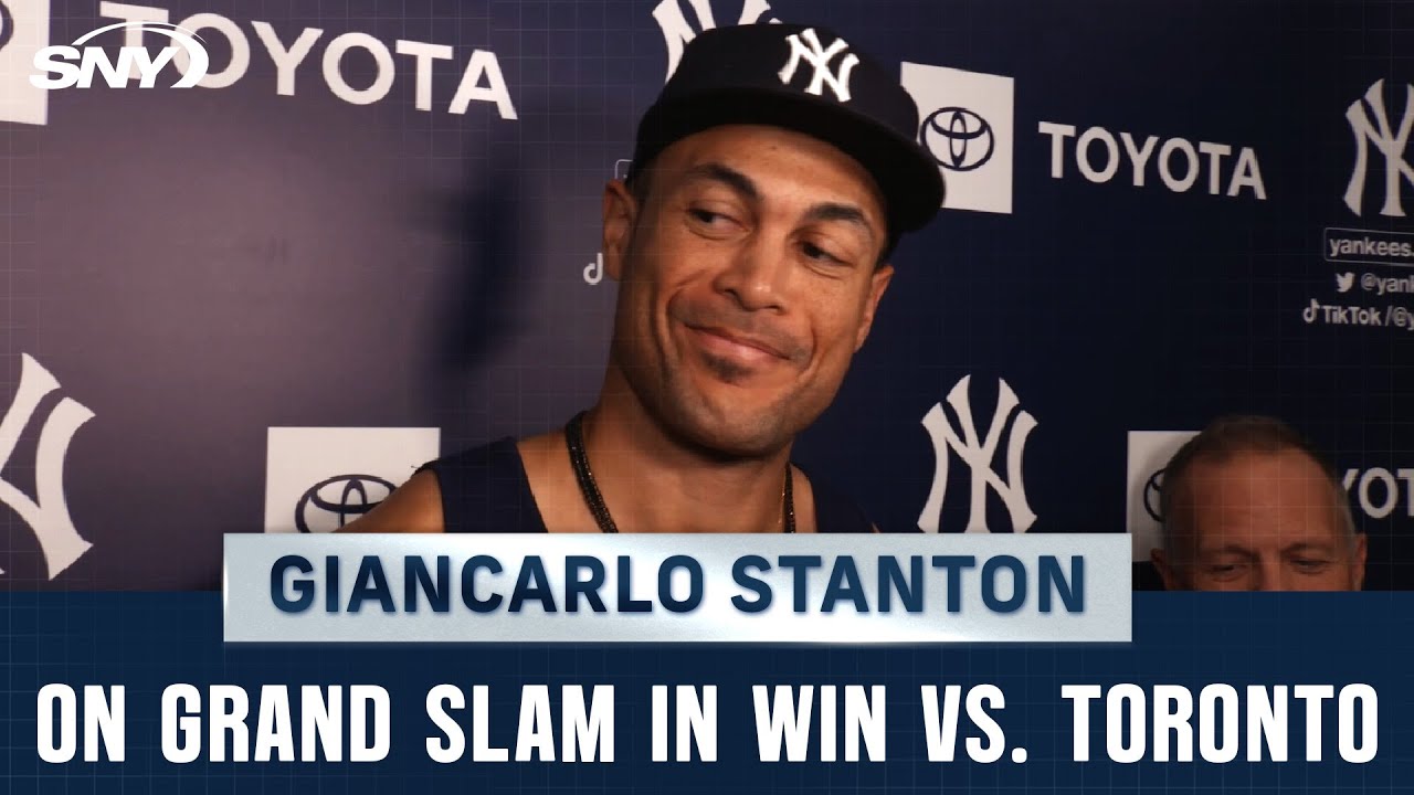 Giancarlo Stanton reacts to his grand slam in the Yankees' win against ...