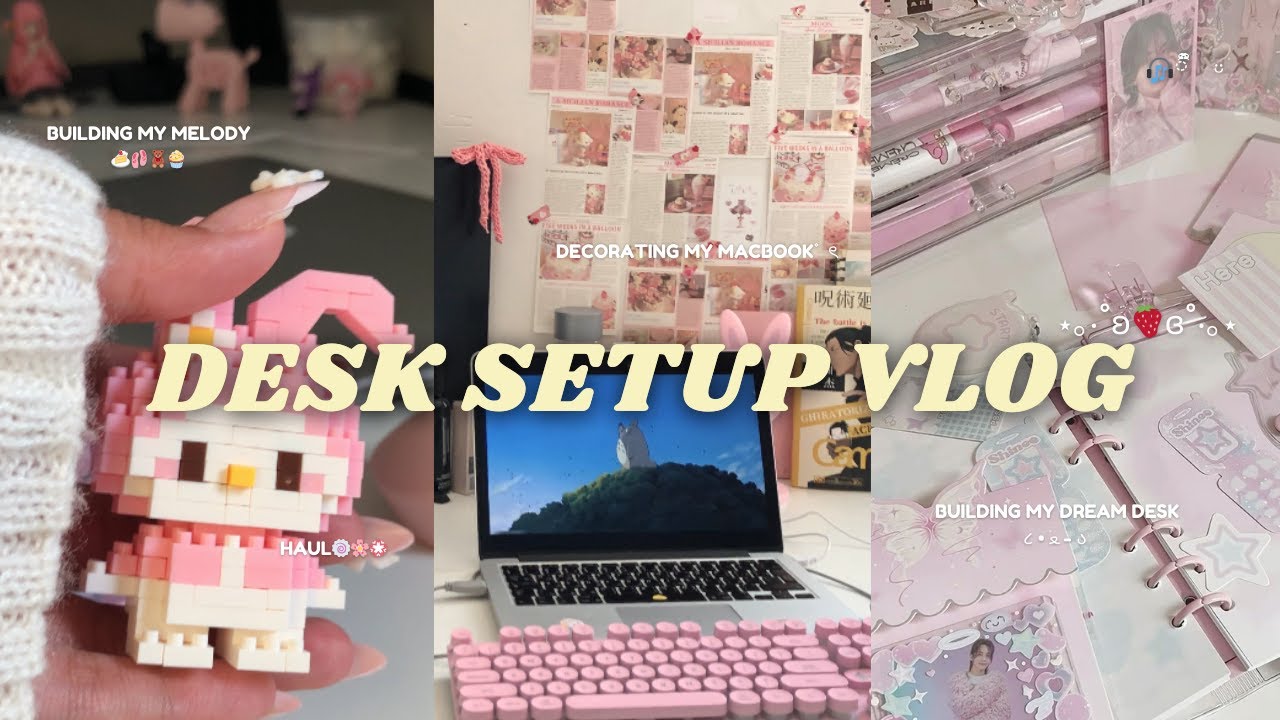 DESK SETUP VLOG 🍓: HAUL , WALL DECO , DECORATING MACBOOK + SETTING UP ...