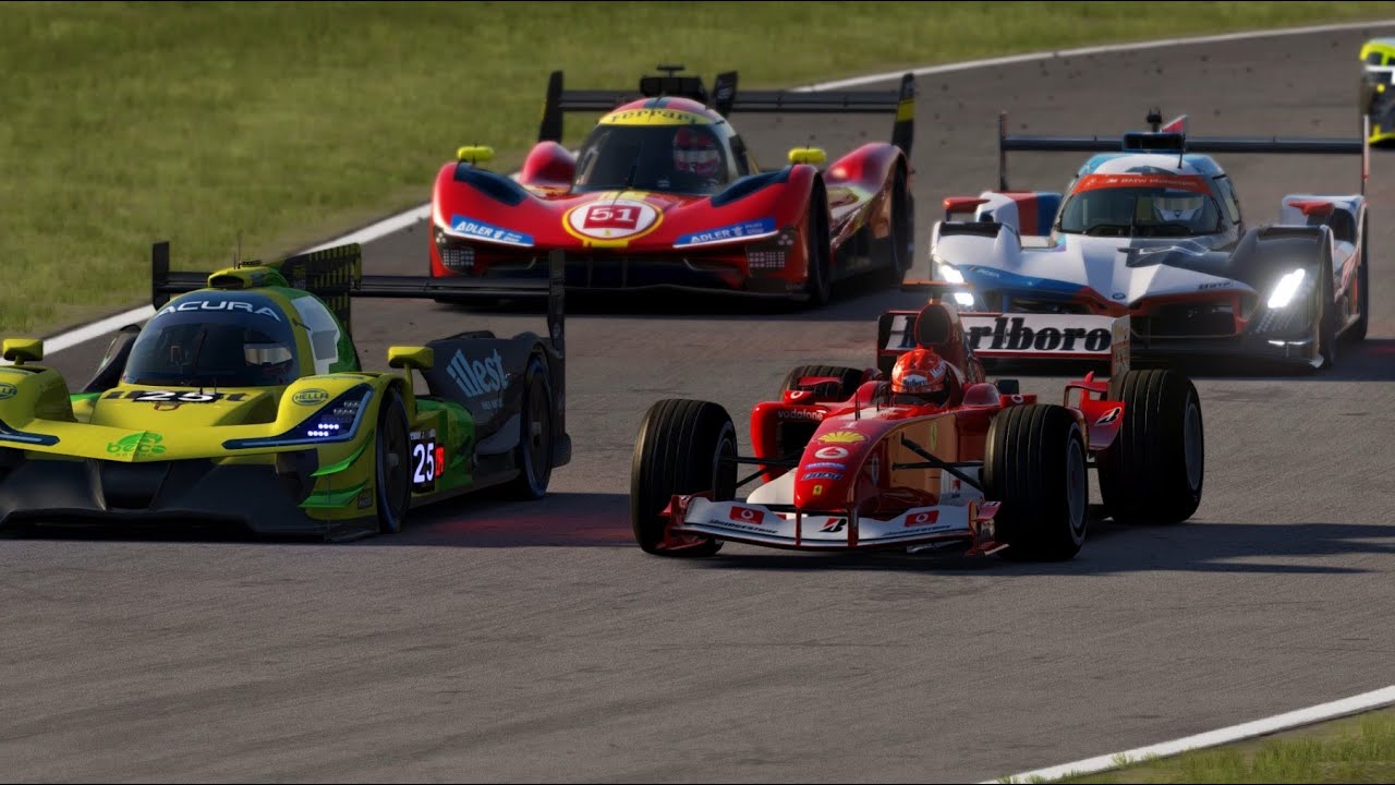 Ferrari F2004 Michael Schumacher vs Le Mans Hypecars at Donington-Park ...