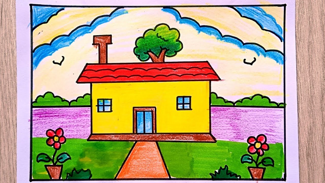 beautiful House scenery drawing easy// simple house drawing step by ...