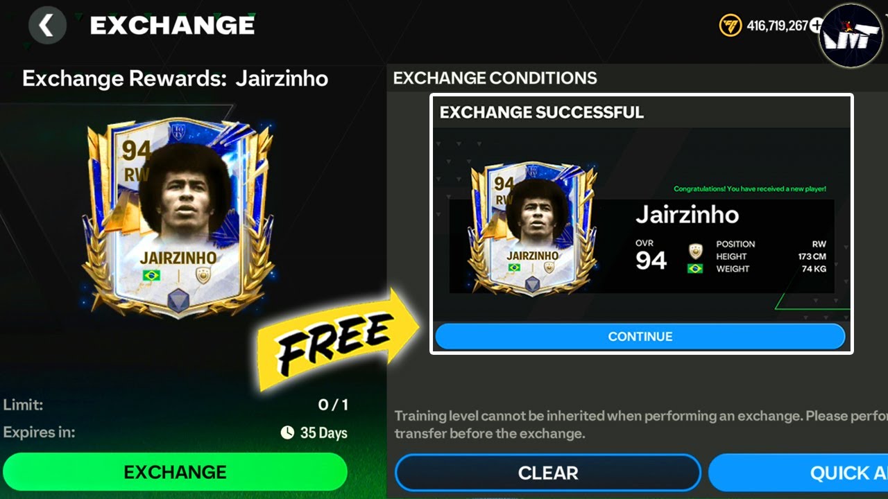 EXCHANGE NHẬN FREE JAIRZINHO OVR 94 QUÁ TUYỆT VỜI | FC MOBILE - YouTube