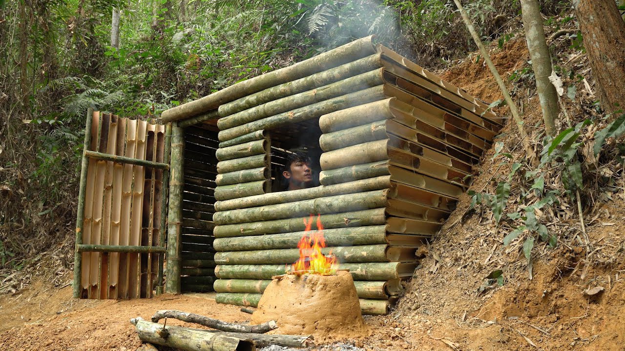 Building Complete Bushcraft Survival Shelter Underground with Fireplace ...