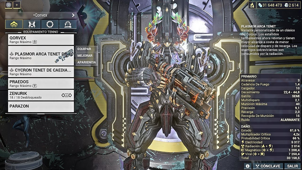 warframe - qorvex tenet arca plasmor 60% / cycron 32% - YouTube