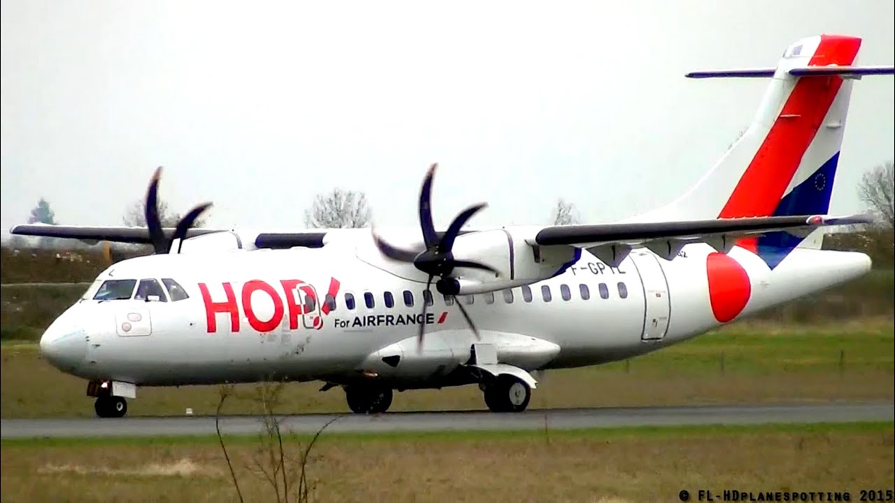 HOP! ATR 42-500 F-GPYL startup, taxi & takeoff at Rodez-Aveyron [RDZ ...