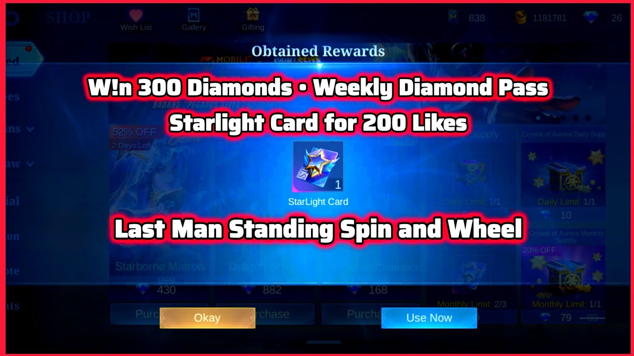 free 300 Diamonds Weekly Diamond Pass Starlight Card for 2oo L!k3z ...